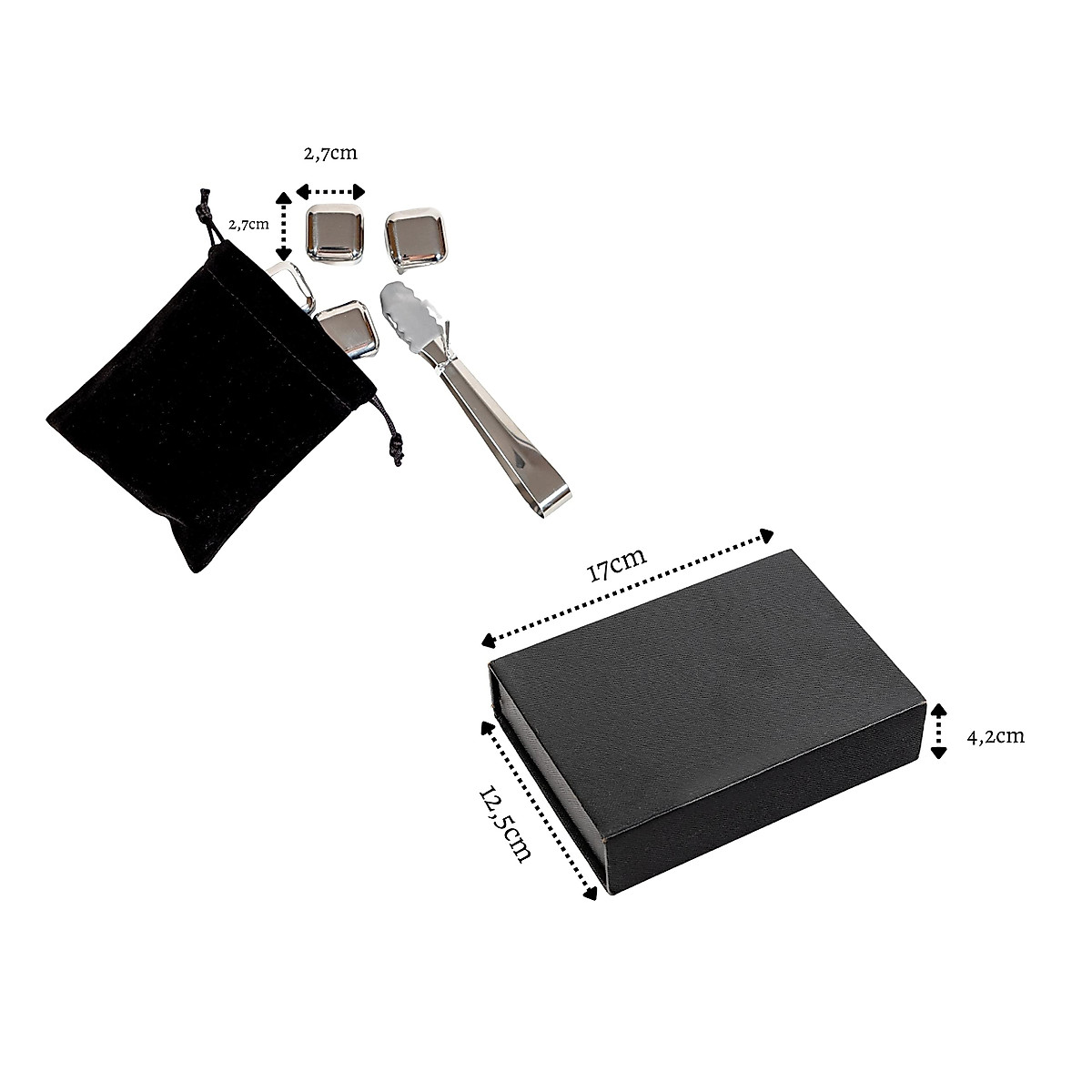 Whiskey Stones Stainless Steel Gift Set for Men, Dad - Reusable Waterless Cooling Ice Cubes with Tongs for Drink, Beverage, Bourbon, Coffee - 4 Pcs with Tongs in Box