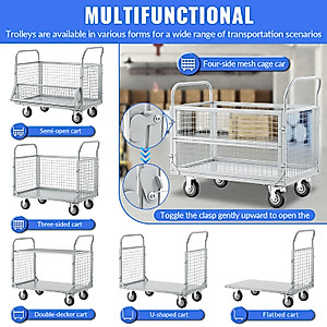 Platform Truck Cart with Cage,5in1 Heavy Duty Flatbed Cart, Foldable Hand Truck Flat Cart, Load 2500LB with 4 Swivel Casters,Multi-Functional Push Cart for Grocery, Laundry, Shelving, Pantry