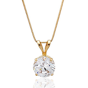 MAX + STONE 14k Yellow Gold 6.5mm Round Solitaire Cubic Zirconia Pendant Necklace for Women with 18 Inch Box Chain