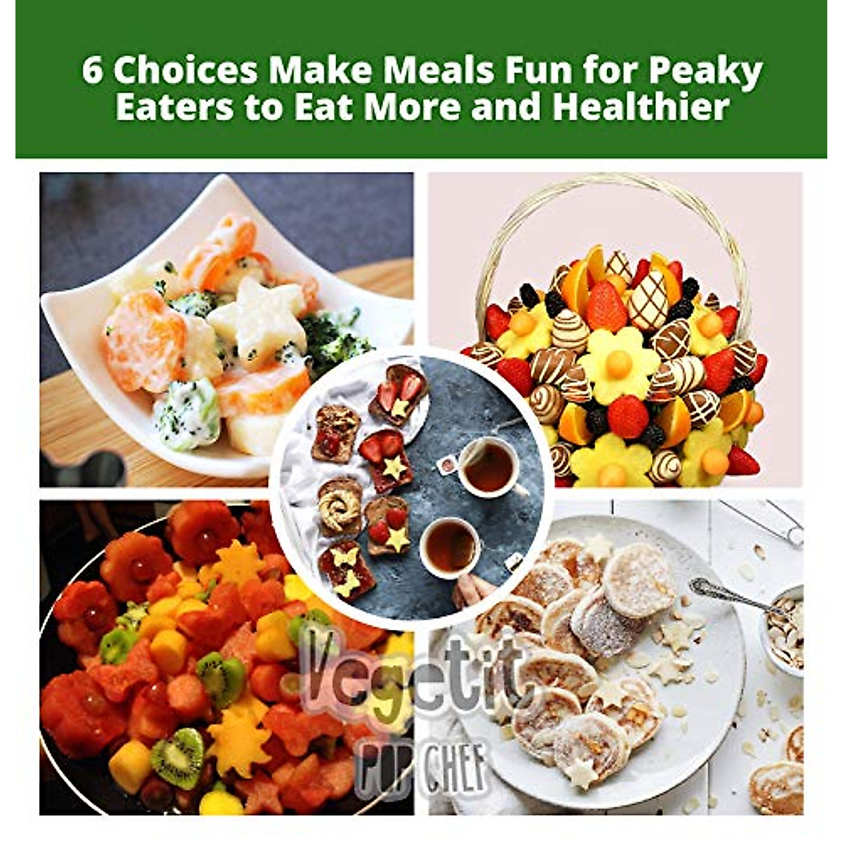 Vegetit Fruit and Vegetable Shape Cutter - ABS Plastic Fruit Decorating Tools - Kids and Toddlers Food Chopper - Pop Chef Set of 6 Shapes