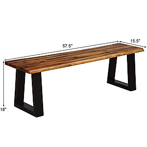 HAPPYGRILL Acacia Wood Patio Bench, Dining Picnic Bench with Metal Frame, 57.5" Wood Bench for Indoor Outdoor Garden Backyard Lawn
