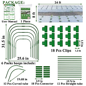 Garden Mesh Netting Kit, Plant Covers 8x24 Ft Ultra Fine Mesh Netting & 6Pcs Garden Hoops & 18 Clips for Vegetable Plants Fruits Flowers Crop Greenhouse Row Cover Birds Animals Barrier Protection Net