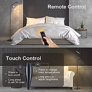 OUTON LED Floor Lamp, 12W 1080LM, Dimmable Adjustable Gooseneck Standing Lamp with 4 Color Temperature, Remote & Touch Control, 1H Timer, Memory Function for Reading Living Room Bedroom Office (Black)