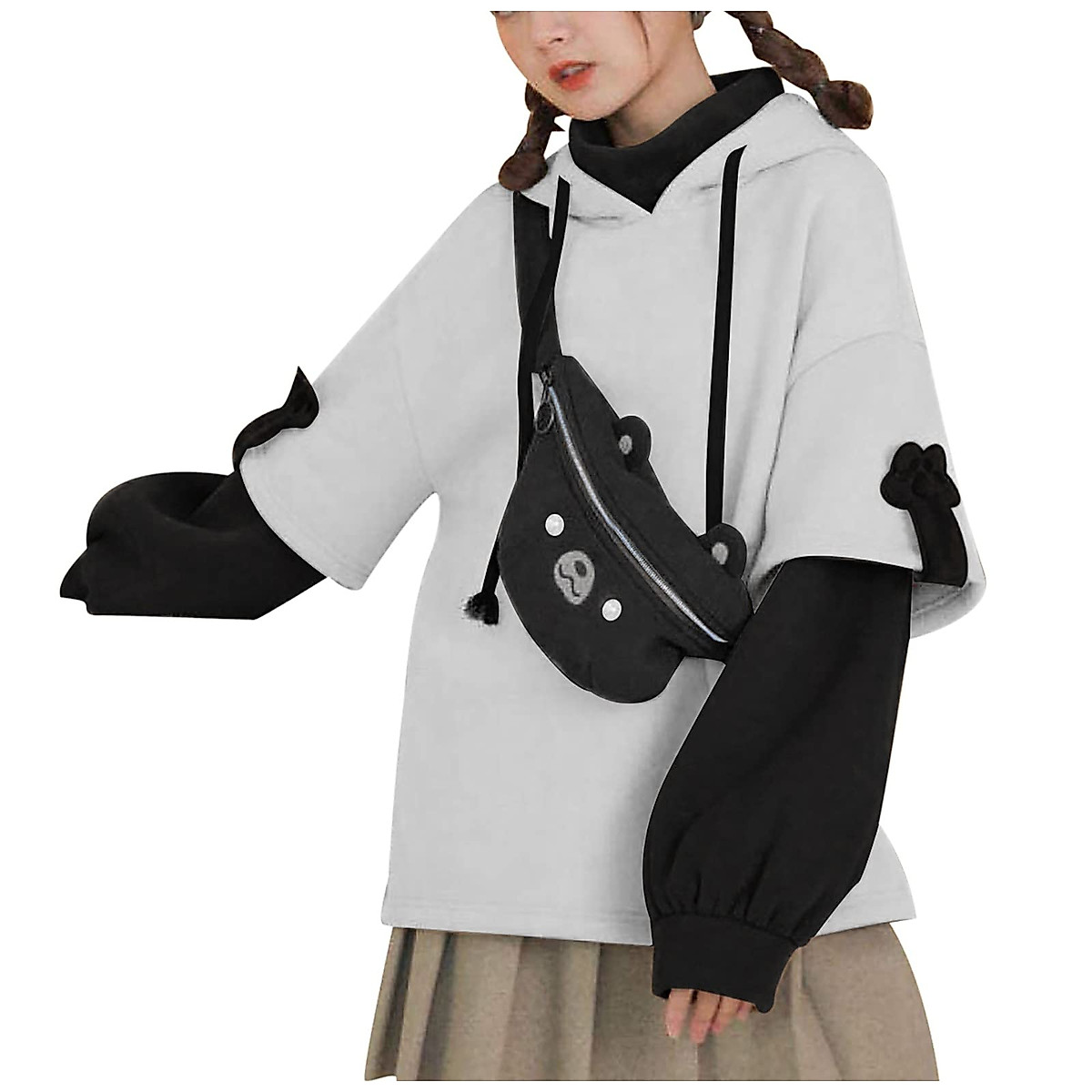 Mimacoo Cute Bear Hoodies for Teen Girls Brown Sweatshirt Long Sleeve Shirts Oversized Pullover with Personality Bag