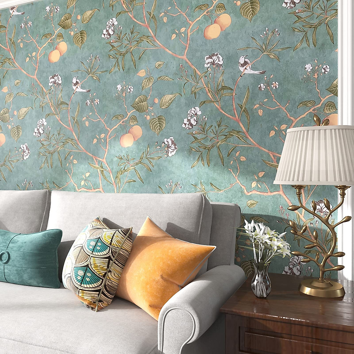 Laatse Green Leaf Wallpaper Peel and Stick Bird Wallpaper 17.5" x 393" Vintage Contact Paper Waterproof Self Adhesive Removable Boho Floral Wall Paper for Bedroom Walls Cabinet Locker