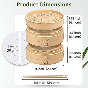 Flexzion Bamboo Steamer Basket Set (8 inch), 50 x Steamer Liners and 2 Pairs of Chopsticks, Steam Baskets for DimSum Dumplings, Rice, Vegetables, Fish and Meat