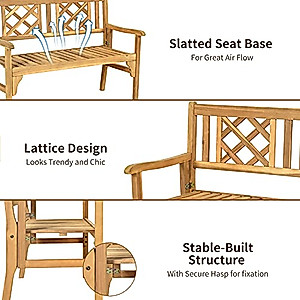 Tangkula Folding Wood Garden Bench, 2 Person Foldable Acacia Patio Bench with Heavy Duty Structure, Locks, Wide Curved Armrest and Backrest,for Yard, Deck, Balcony, Park (Teak)