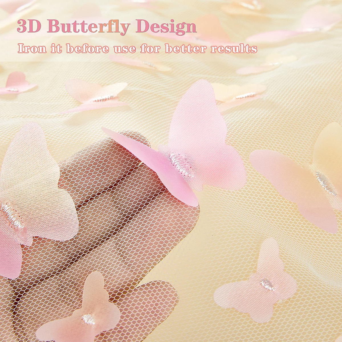 3D Butterfly Lace Fabric 1 Yard Gradient Pink Mesh Tulle Fabric for DIY Tutu Skirt Dress Hair Bows Gift Wrapping Sewing Crafting