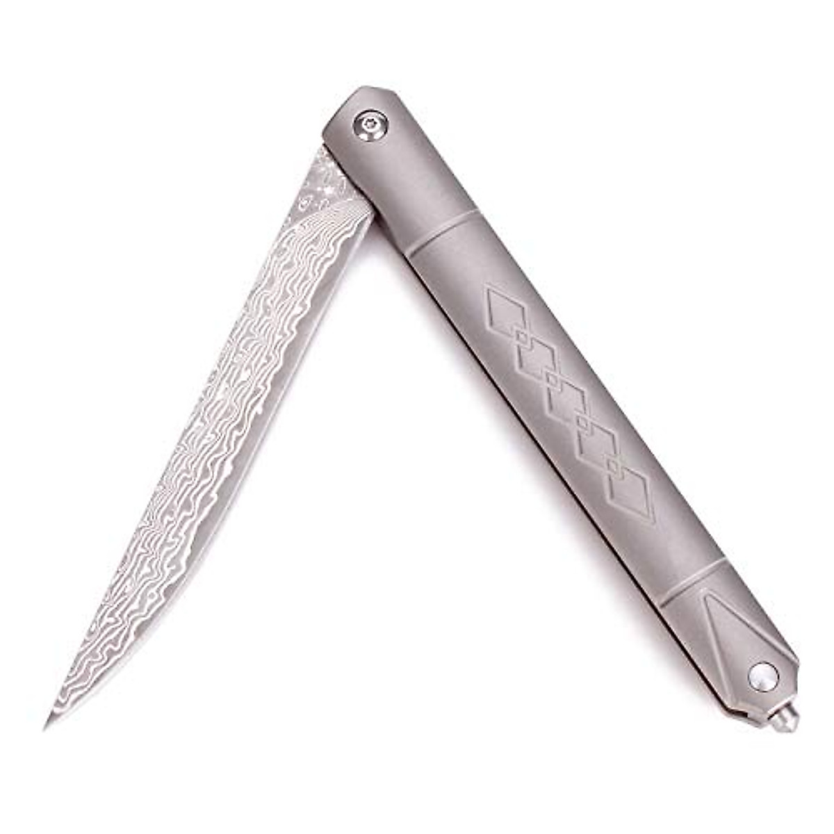 Samior GD035 Small Slim Folding Pocket Flipper Knife, 3.5 inches VG10 Damascus Tanto Blade, Slender Grey Titanium Handle Frame Lock Pocket Clip, Gentleman's EDC Knives