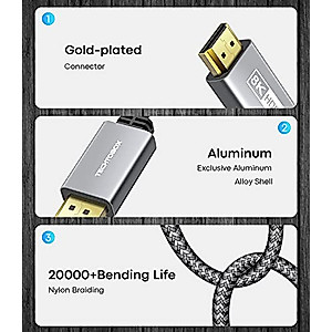 TECHTOBOX DisplayPort to HDMI Cable Adapter [8K@60Hz,4K@144Hz,2K@240Hz] 6FT Uni-Directional DP 1.4 to HDMI 2.1 Braided Cord Support HDCP 2.3/HDR/DSC 1.2 for HP,Lenovo,Dell,AMD,NVIDIA and More