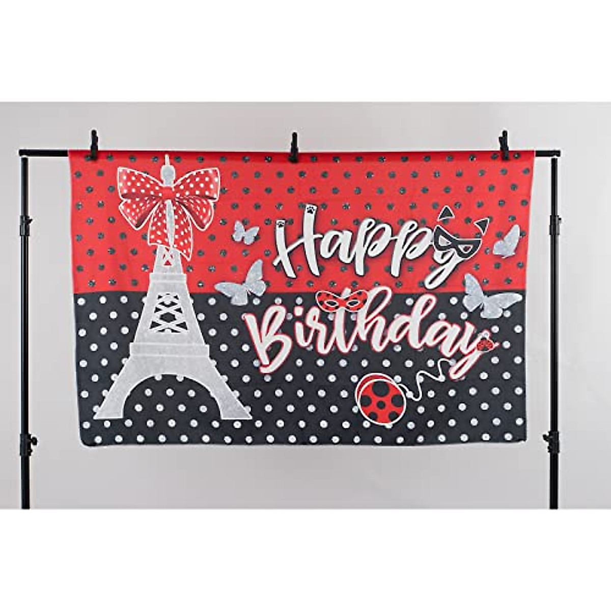 Allenjoy 68" x 45" Ladybug Birthday Backdrop Red and Black Glitter Party Supplies Decorations Photoshoot Baby Girls Kids Bday Banner Eiffel Tower Bow Decor Background Photo Booth Props