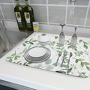 Green Leaves Dish Drying Mat 18x24 inch Microfiber Spring Leaf Dish Drainer Mat with Hanging Loop Absorbent Watercolor Plant Dish Draining Mats Reversible Leaves Drying Pad for Kitchen Counter Sink