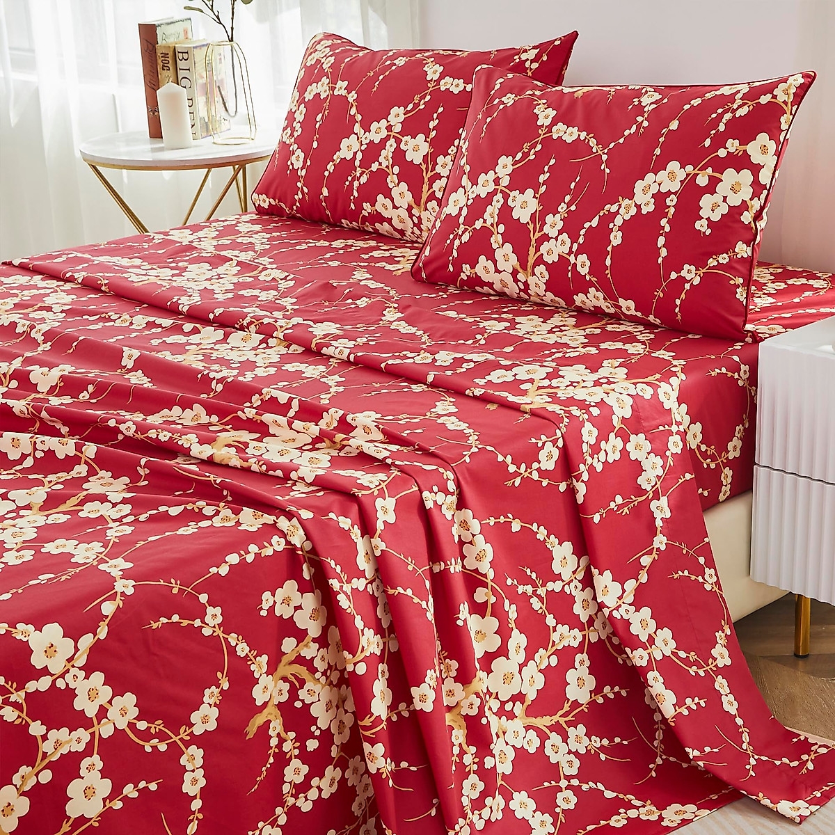 Brandream Floral Sheet Set Twin Size Japanese Oriental Style Cherry Red Blossom Flower Branches Print Chinoiserie Bedding Pillowcases Set 800TC Egyptian Cotton Sateen Botanical Tree Deep Pocket, 4 Pcs