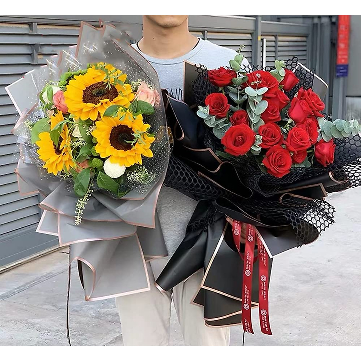 XICHEN 100 Sheets /10 Colors Gold Edge Flower Wrapping Paper,Florist Bouquet Supplies,DIY Crafts,Gift Packaging or Gift Box Packaging, Waterproof Floral Wrapping Paper 22.8x22.8Inch