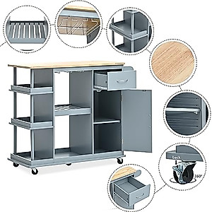 Plebs Home Multipurpose Kitchen Cart Cabinet, with Side Storage Shelves, Rubber Wood Top, Adjustable Storage Shelves, 5 Wheels, Kitchen Storage Island with Wine Rack, for Dining Room, Home - Gray Blue