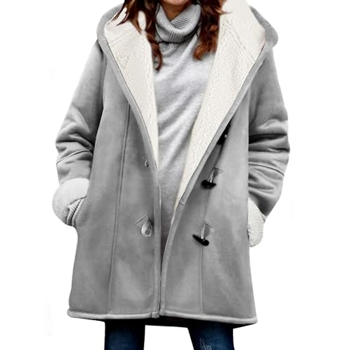 HEEKPEK Women Hoodies Fleece Jackets Soft Fuzzy Long Hoodie Sweatshirt Casual Sherpa Hoodies Horn Button Coats Winter Light Gray