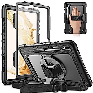 CaseBot Shockproof Case for Samsung Galaxy Tab S8 Plus 2022/S7 FE 2021/S7 Plus 2020 12.4 inch with Screen Protector, 360° Rotating Kickstand Rugged Heavy Duty Hybrid Cover w/Hand Shoulder Strap,Black