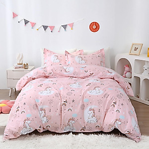 JSD Pink Unicorn Kids Duvet Cover Set Twin Size, 2 Piece Girls Printed Microfiber Bedding Comforter Cover with Pillow Sham Zipper Closure