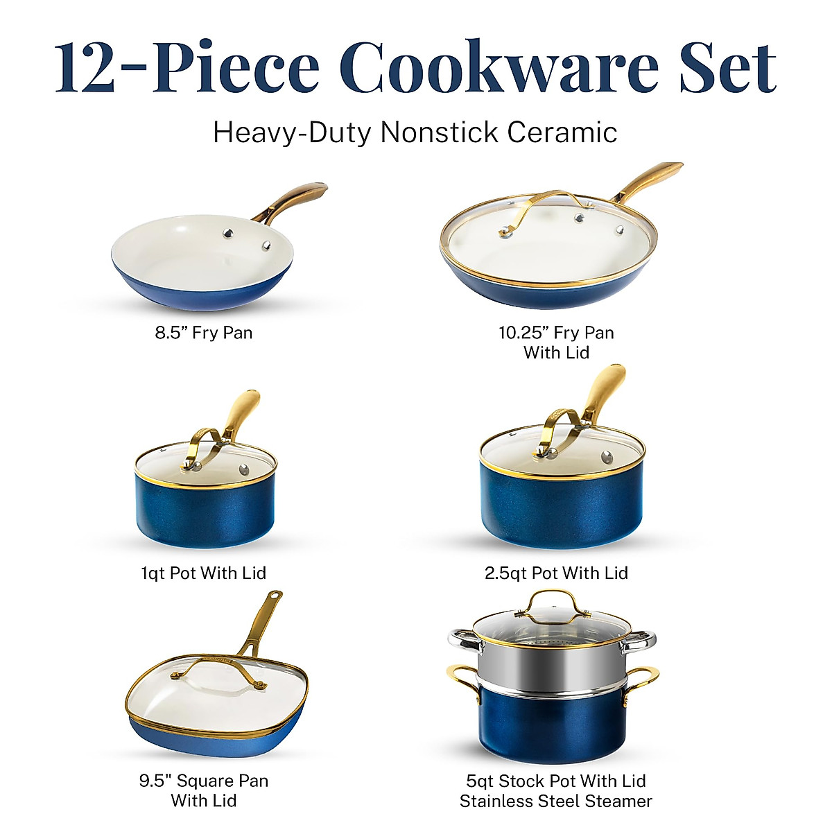 Gotham Steel 12 Pc Ceramic Pots and Pans Set Non Stick, Kitchen Cookware Sets, Pot and Pan Set, Ceramic Cookware Set, Non Toxic Cookware Set, Non Stick Pots and Pan Set, Dishwasher Safe - Cream Navy