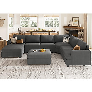 Nolany Sectional Couch with Storage Ottoman, Corduroy Modular Corner Sectional Sofa, U Shape Sectional Couches for Living Room, Dark Grey