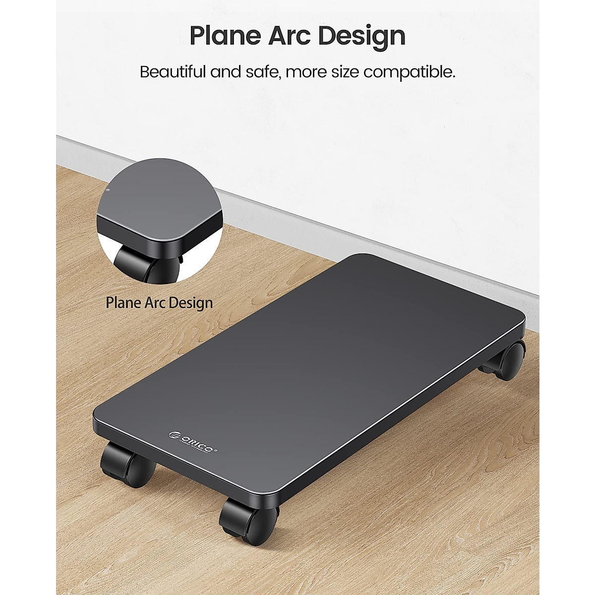 Metal Computer Tower Stand, ORICO Mobile CPU Holder, 4 Caster Wheels Computer Tower Stand Carts on Carpet Fits for Most Computer Tower, Gaming PC, PC Holder, ATX Case（Black, 16.14 * 8.38 * 0.78inch）