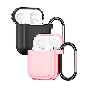 Eralierk [2 Pack] AirPods Silicone Protective Case Cover, with Keychain Compatible with Apple AirPods 2nd & 1st Generation, Front LED Visible (Black/Pink)
