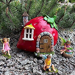 Mood Lab Fairy Garden - Fairy Strawberry House Set of 4 pcs - Miniature Figurines & Accessories - Outdoor or House Decor
