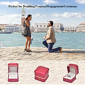 Eveynsh Wedding Engagement Ring Box Red, Square Leather Velvet Jewelry Ring Bearer Box, Premium Gorgeous Vintage Single Slot Ring Box for Proposal, Ceremony, Anniversary, Gift