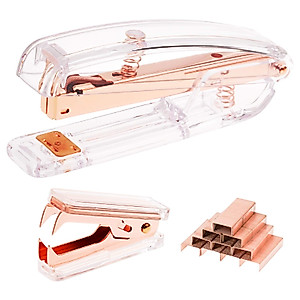 Jmkcoz Rose Gold Acrylic Desktop Stapler Staple Remover with 1000pcs Rosegold Staples for Home School Office Stationery Desk Supplies Accessory Kit