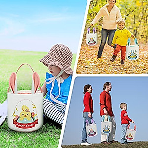 Asbtos 3 Pack Easter Basket, Bunny Baskets for Kids with Cute Rabbit Ears Stripe Storage Gifts Candies, Blue, Pink, Purple(9 x 9 x 14 inches)