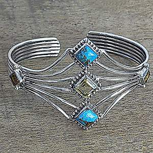 NOVICA Handmade Citrine Cuff Bracelet Composite Turquoise from India .925 Sterling Silver Reconstituted Yellow Blue Island Paradise Birthstone [6 in L (end to End) x 1.6 in W] 'Sunny Allure'