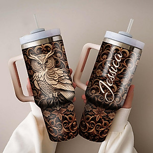 WAZONE Personalized Owl Tumbler Insulated Cup With Lid Wooden Drawings Tumbler 40oz with Handle and Straw Coffee Travel Mug Custom Name Gifts Themed Animal For Men Women Teen Owls Lover