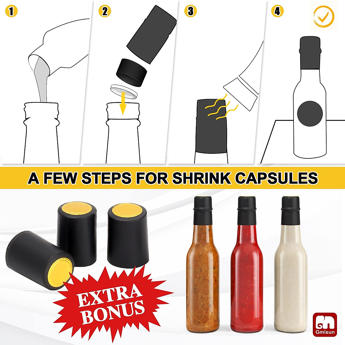 GMISUN Mini Hot Sauce Bottles 5 oz, 24 Pack Glass Woozy Bottles with Shrink Capsules, Mini Wine Bottles with Labels, Funnel, Caps, Dripper Inserts, for Homemade Hot Sauces, Dressing