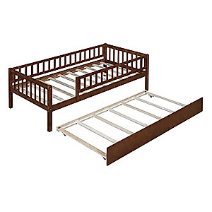 DEINPPA Twin Bed with Trundle, Kids Daybed Trundle Bed, Wooden Bed Frame with Fence Guardrails for Kids Children Toddlers Boys Girls-Walnut