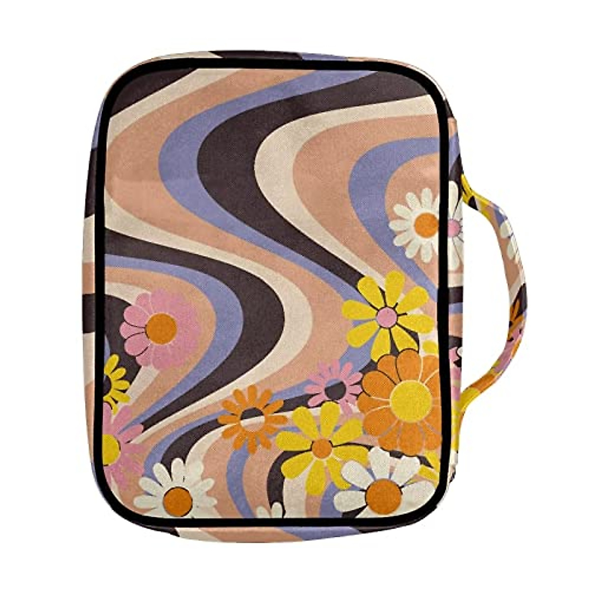 Drydeepin 70S 80S Wavy Swirl Hippie Daisy Flower Floral Pattern Abstract Bible Cover for Women Bible Book Carrying Case Portable Zippered Bible Bags and Tote Church Accessories Study Supplies