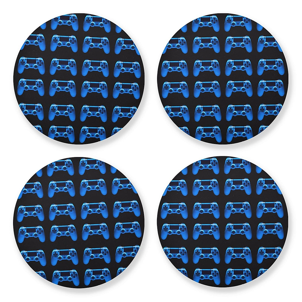 Video Game Joystick Gamepad in Blue Neon Lights Isolated on Black 4 Pcs Tea Wooden Round Coaster Set, Non-Slip Lightweight Wooden Coaster for Party Home Office Kitchen Bar Coffee Table