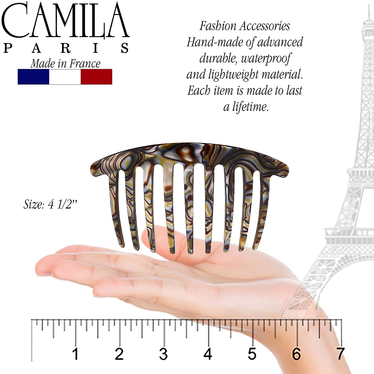 Camila Paris CP3182 French Handmade Side Comb Rounded, Onyx, French Twist Hair Combs Decorative, Strong Hold Hair Clips for Women Bun Chignon Up-Do Styling Girls Hair Accessories Made in France