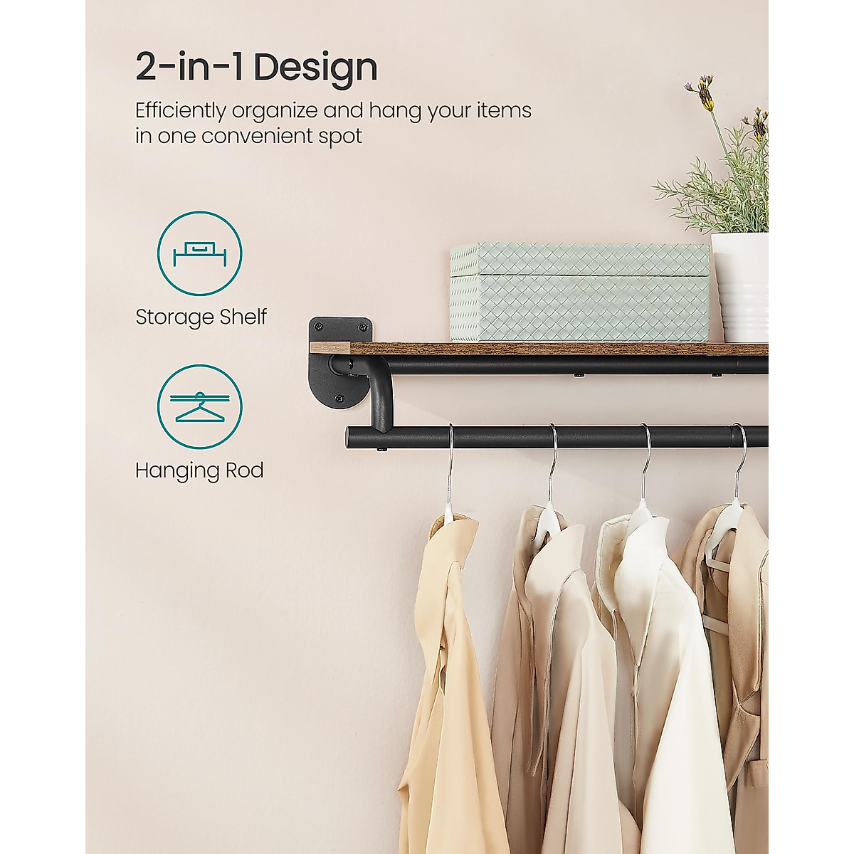 SONGMICS Clothes Rack with Top Shelf, Wall Mounted Clothing Rack, with Hanging Rod, Loads up to 132 lb, 11 x 42.9 x 5.2 Inches, Entryway, Bedroom, Closet, Rustic Brown and Ink Black UHSR135B01