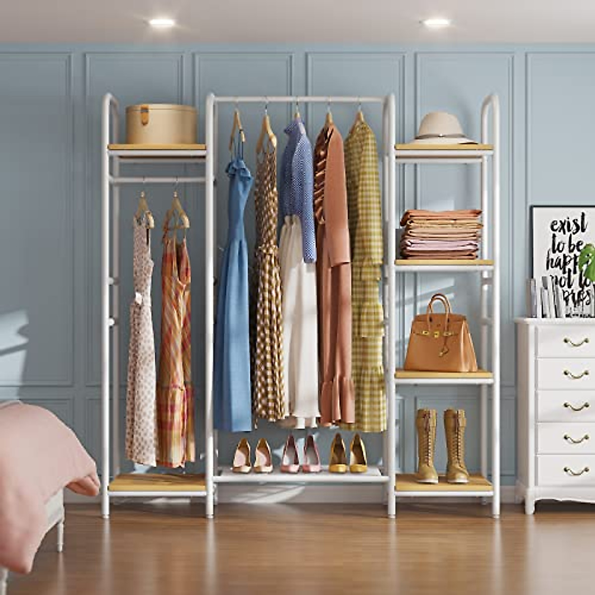 Timate P9 Clothes Rack with Shelves Portable Freestanding Clothing Rack for Hanging Clothes, Heavy Duty Garment Rack with 6 Wood Shelves & 2 Hanging Rod Sturdy Metal Storage Wardrobe for Bedroom White