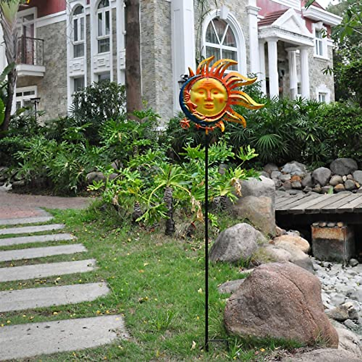 wotieuns Sun Garden Stake Decor Metal Glass Yard Art Decorations Metal Sun Stakes Outdoor Lawn Pathway Patio Flower Bed
