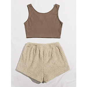 Milumia Womens Two Piece Pajamas Crop Tank Top Tie Waist Fluffy Teddy Shorts Lounge Set (A Brown and Beige, Medium)