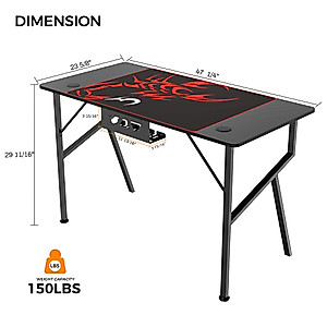 DESIGNA Gaming Desk 47'', K-Shaped Computer Desk, Office Desk Gamer Style with Mouse Pad, Cup Holder, Headphone Hook, Controller Stand, Easy to Assemble, Carbon Fiber Desktop, Black