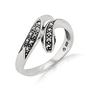 Gemondo 925 Sterling Silver Art Nouveau Emerald & Marcasite Snake Ring