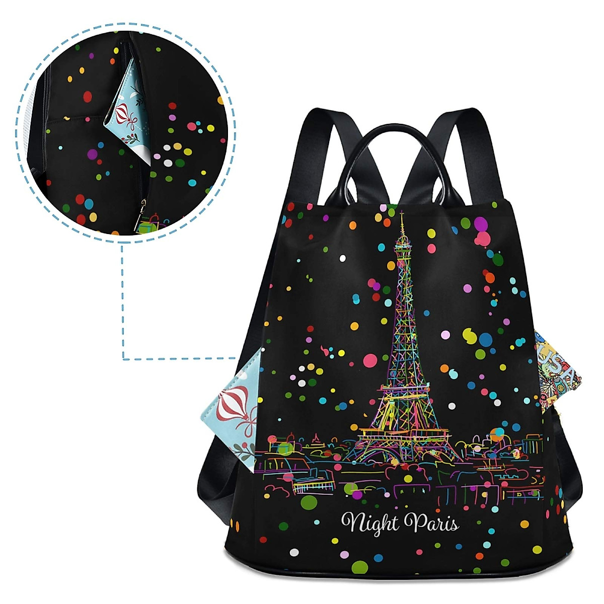 ALAZA Night Paris Eiffel Tower Colorful Polka Dot Backpack Purse for Women Anti Theft Fashion Back Pack Shoulder Bag
