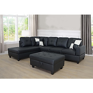 OPTOUGH Black Faux Leather Sectional Sofa L-Shape Couch with Left Chaise Storage Ottoman & 2 Pillows for Living Room Furniture Sets