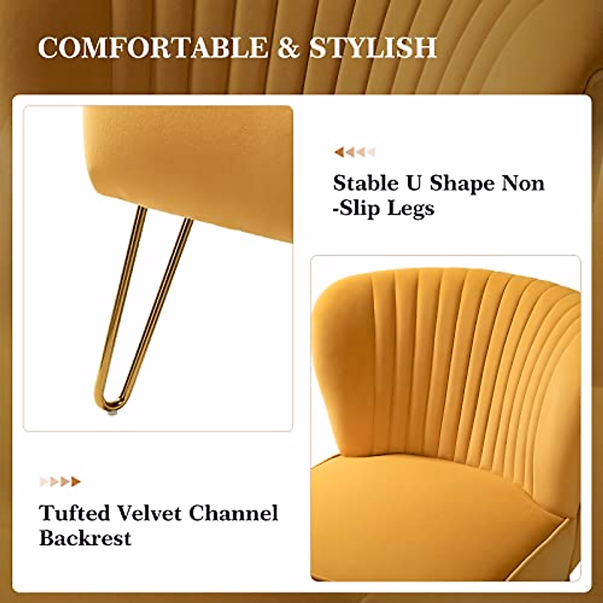 TINA'S HOME Modern Velvet Upholstered Accent Chair Set of 2,Velvet Fabric Tufted Back Single Sofa,Velvet Comfy Fabric Golden Metal Legs Armless Side Chair for Living Room Vanity Chair(Mustard)