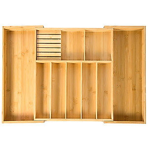 VaeFae Extra Large Kitchen Utensil Holder, Bamboo Silverware Drawer Organizer, Expandable Cutlery Organizer with Knife Block, Multifunctional Wooden Drawer Divider