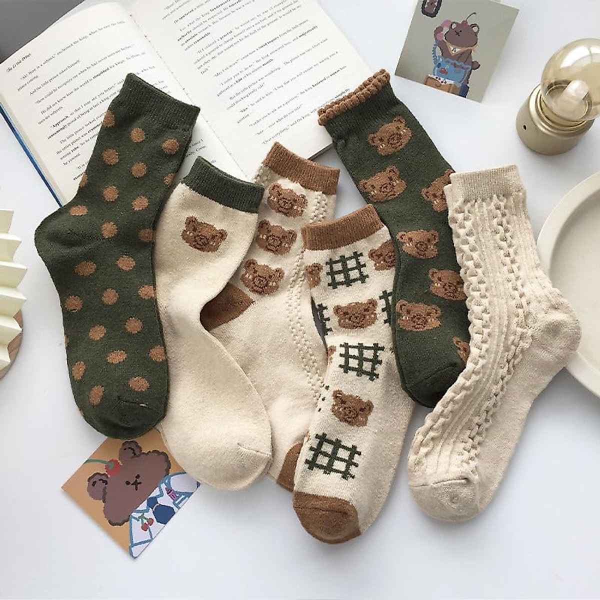6 Pairs Vintage Socks Y2K Cute Bears Cotton Socks Gyaru Aesthetic Ankle Dress Socks Downtown Girl Preppy Accessories (6 Pairs,One Size)