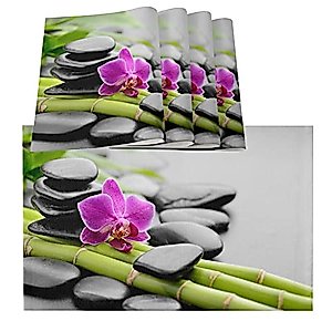 Placemats for Dining Table Set of 6, Zen Basalt Stone Orchid Flower and Cotton Linen Cloth for Square/Rectangle/Round Table Mat Placemat Kitchen Dinner Holiday Dﾃｩcor
