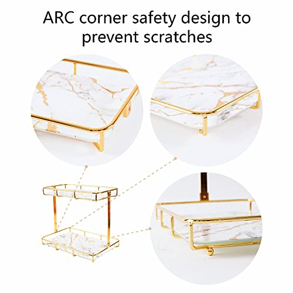 DalimFun 2-Tier Bathroom Organizer Countertop Marbling Tempered Glass, Detachable Vanity Tray Makeup Cosmetics Perfume Counter Organizer Storage Shelves Gold Shelf